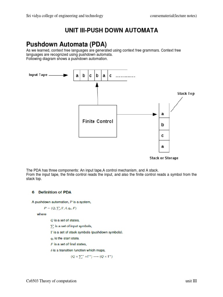 Pushdown Automata (PDA) : Unit Iii-Push Down Automata | Download Free PDF | Automata Theory ...