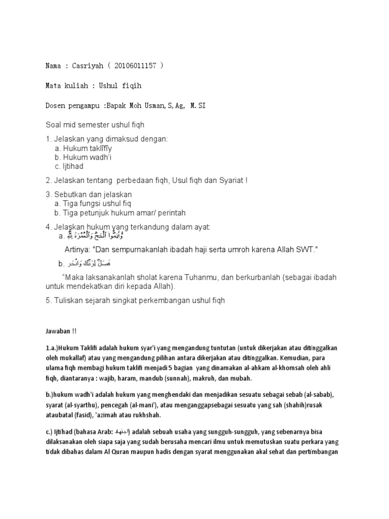 Soal Mid Semester Ushul Fiqh Iyak | PDF