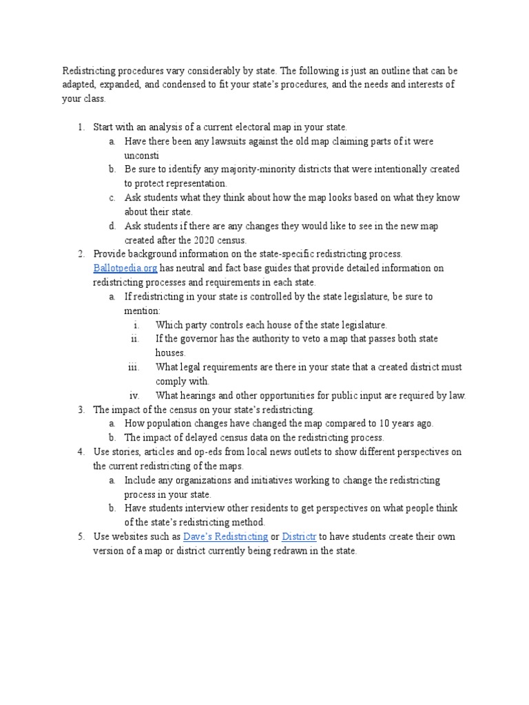 State Specific Redistricting and Gerrymanderng Lesson Outline | PDF