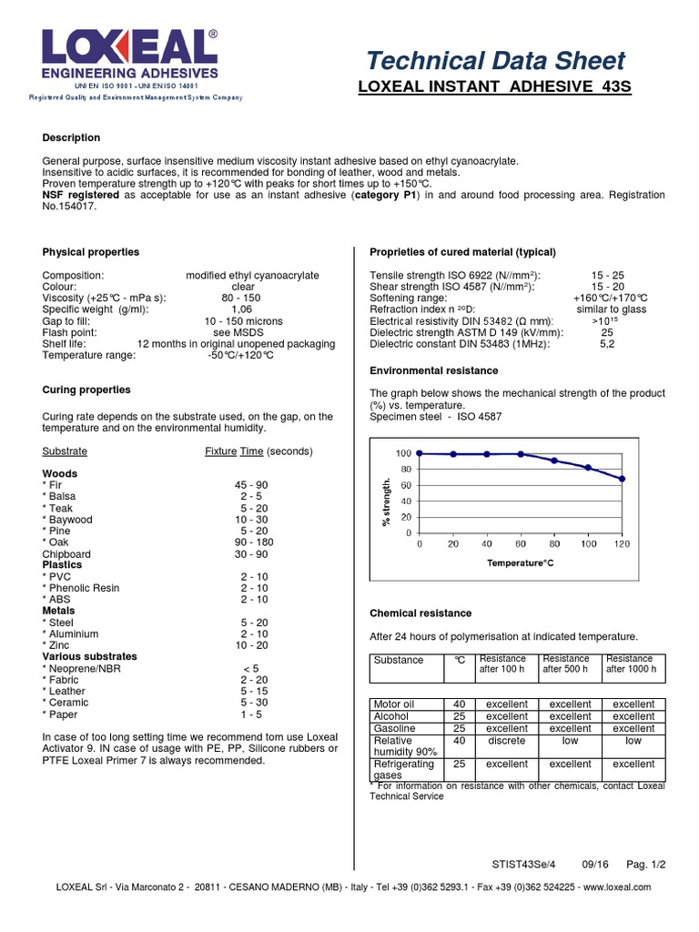 Technical Data Sheet: Loxeal Instant Adhesive 43S | PDF | Adhesive | Materials
