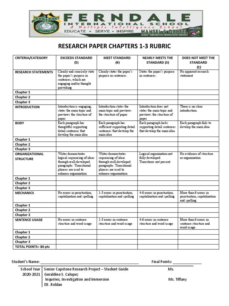 Research Capstone Project CHAPTER 1 3 RUBRIC | PDF | Sentence ...