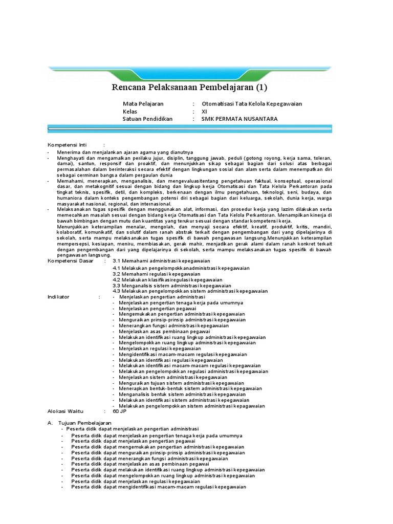 RPP Kepegawaian Kelas Xi Otkp | PDF