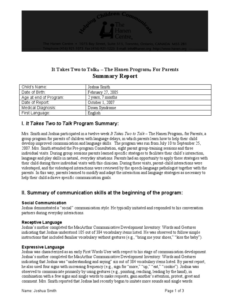Summary Report: It Takes Two To Talk - The Hanen Program For Parents ...