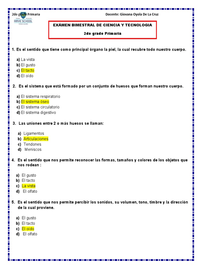 Examen de Ciencia y Tecnología 2do Grado | PDF | Pulmón | Respiración