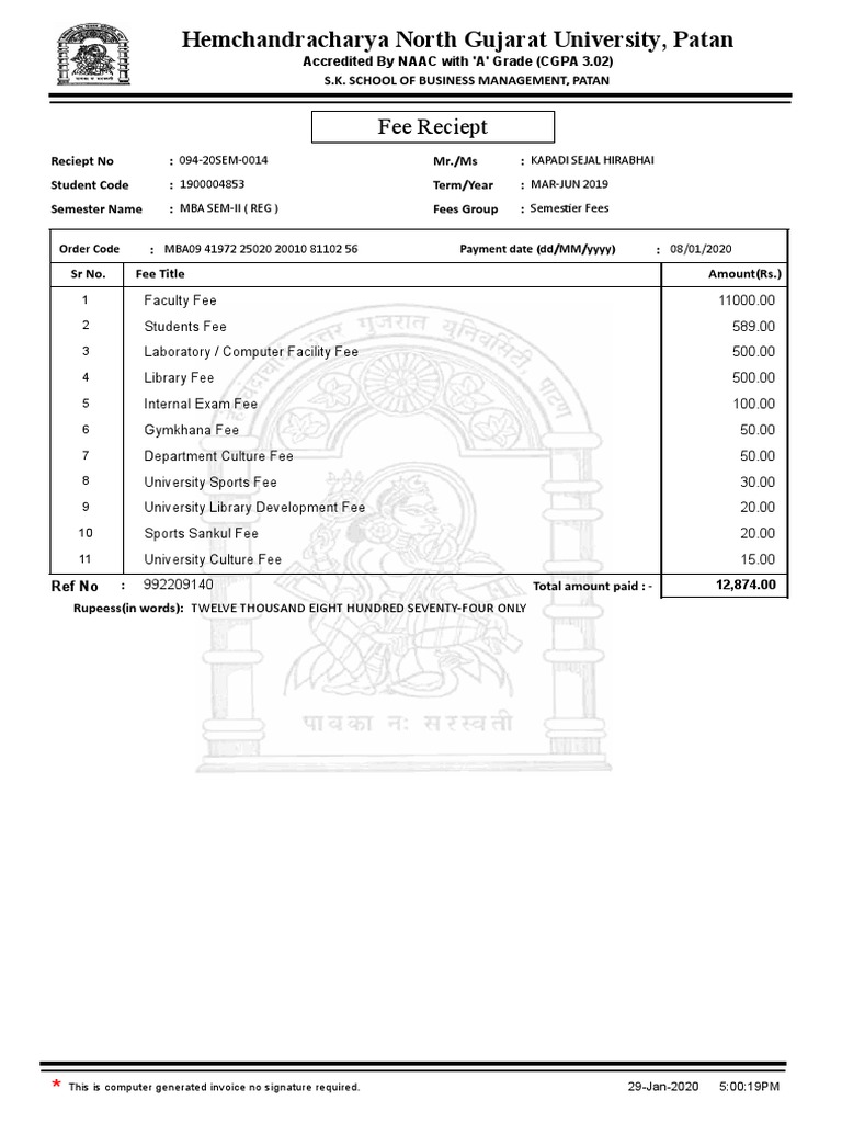 Semester Fee Reciept | PDF | Receipt | Business