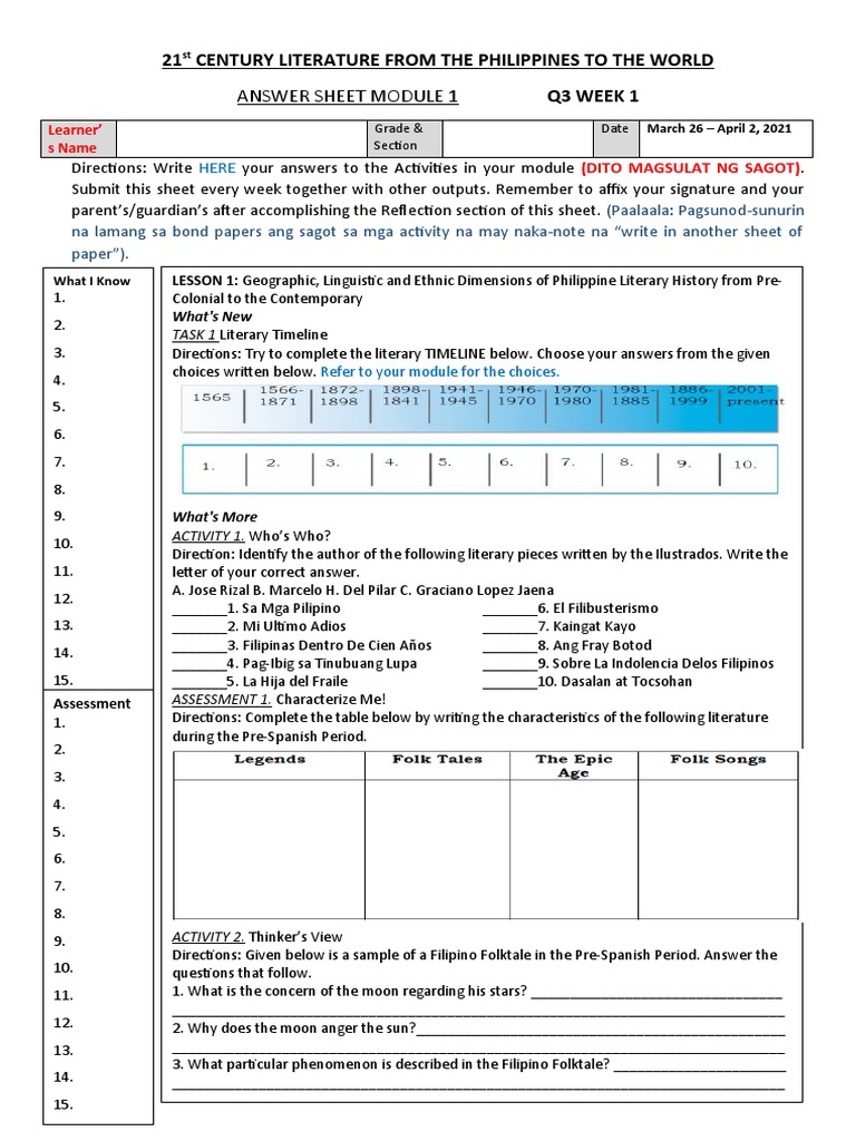 21st CENTURY LIT ANSWER SHEET Q3 Week 1-2 | PDF | Poetry | Philippines