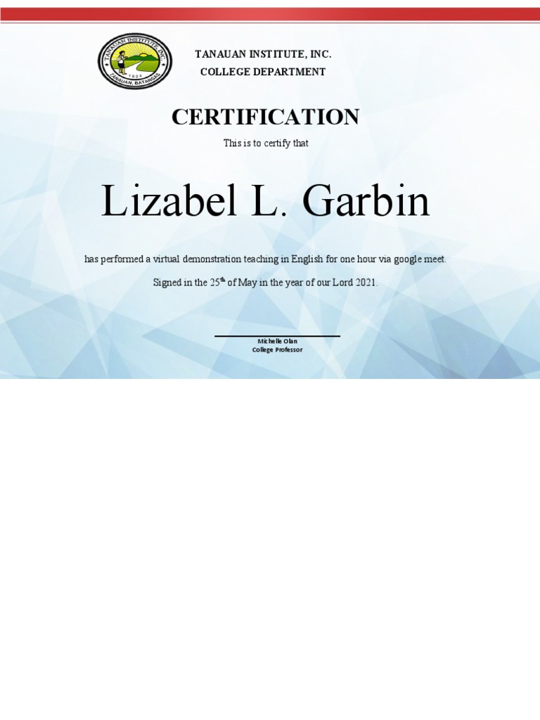 Certificate Demo Teaching (Ma'am Olan) Section B | PDF