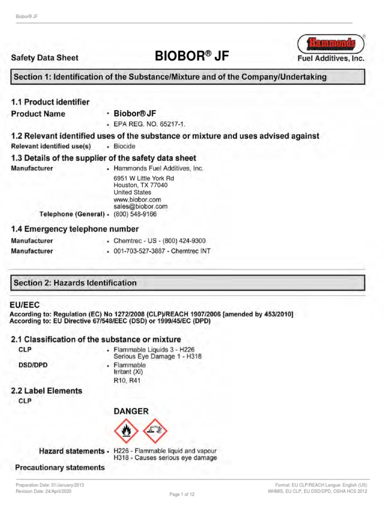 Msds Bioborjf Ghs Eu Rev 4 20 | PDF | Firefighting | Fires