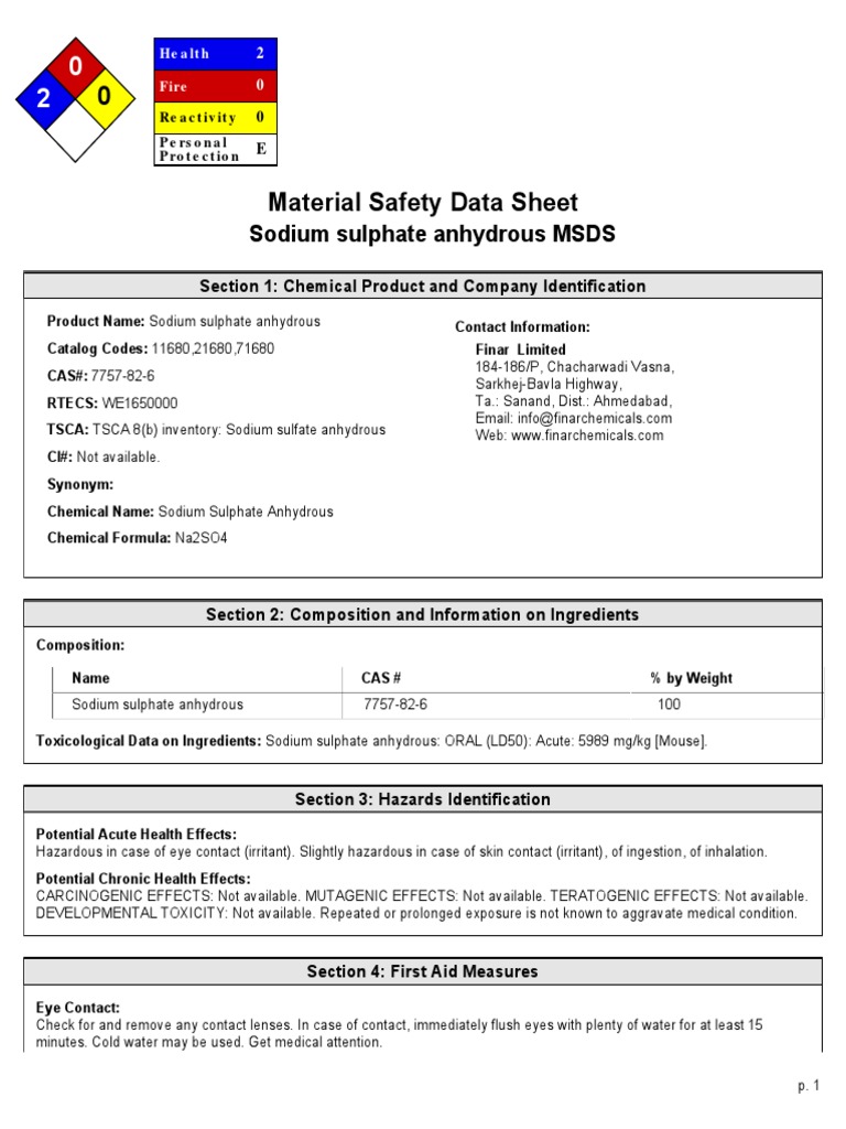 Anhydrous Sodium Sulfate Msds