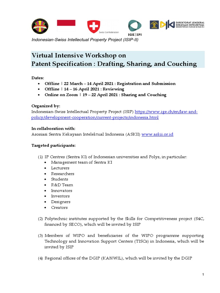 Virtual Intensive Workshop On Patent Specification: Drafting, Sharing, and Couching | PDF ...