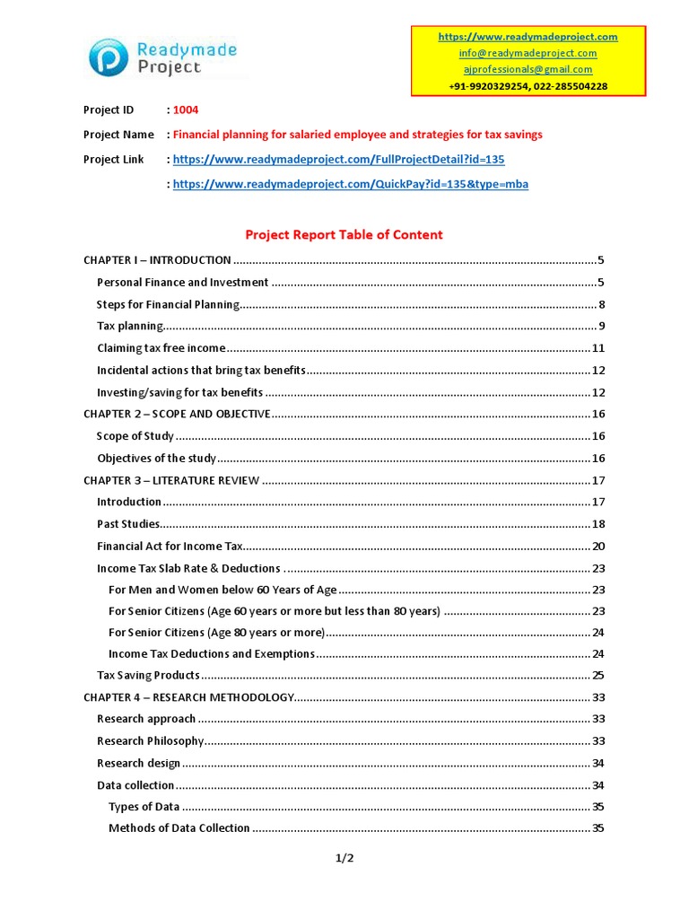 Project Report Table of Content: 1004 Financial Planning For Salaried ...