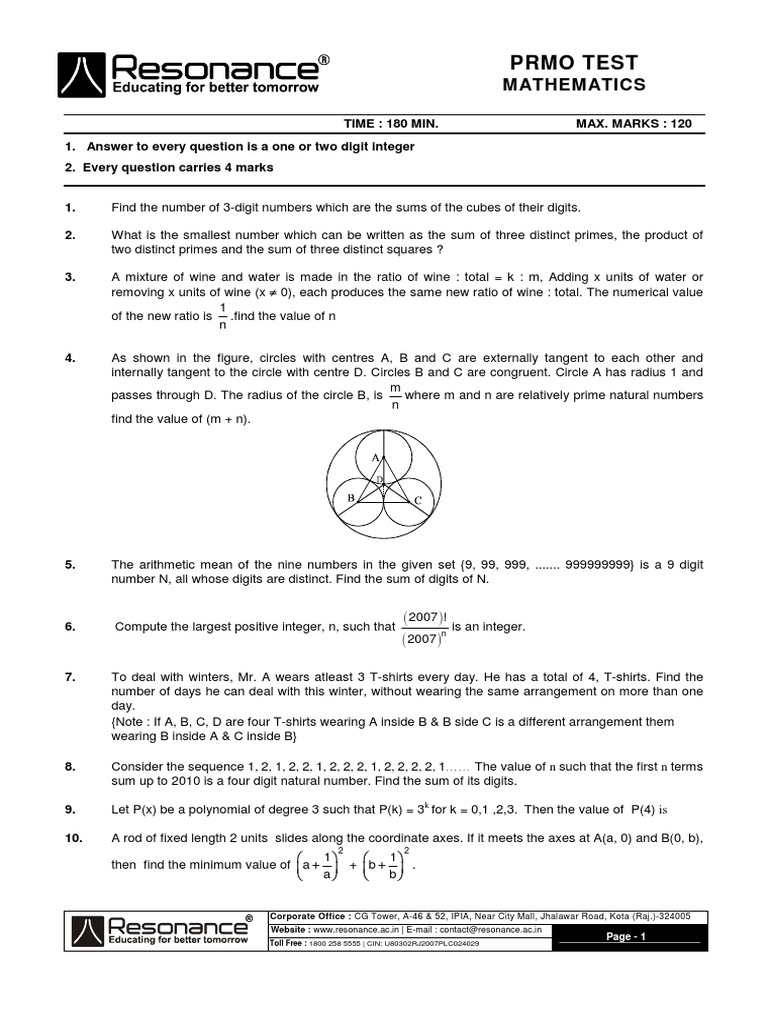 PRMO - Only Questions | PDF | Numbers | Prime Number