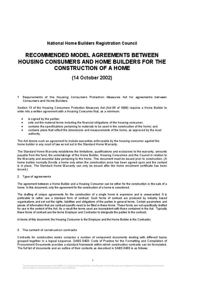 NHBRC Builders Contract Agreement Preamble | PDF | Specification ...