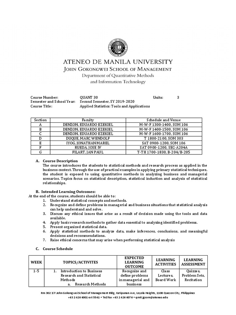 QUANT 30 Syllabus AY2019-2020 Sem - 20190120 | PDF | Probability Distribution | Statistics