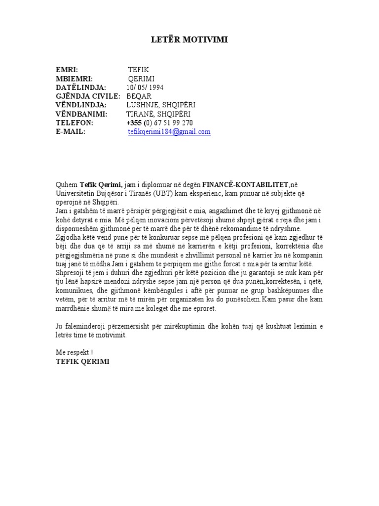 Letër Motivimi-Tefik Qerimi | PDF