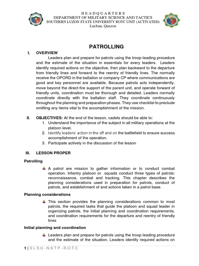 Patrolling: Southern Luzon State University Rotc Unit (Activated) | PDF ...