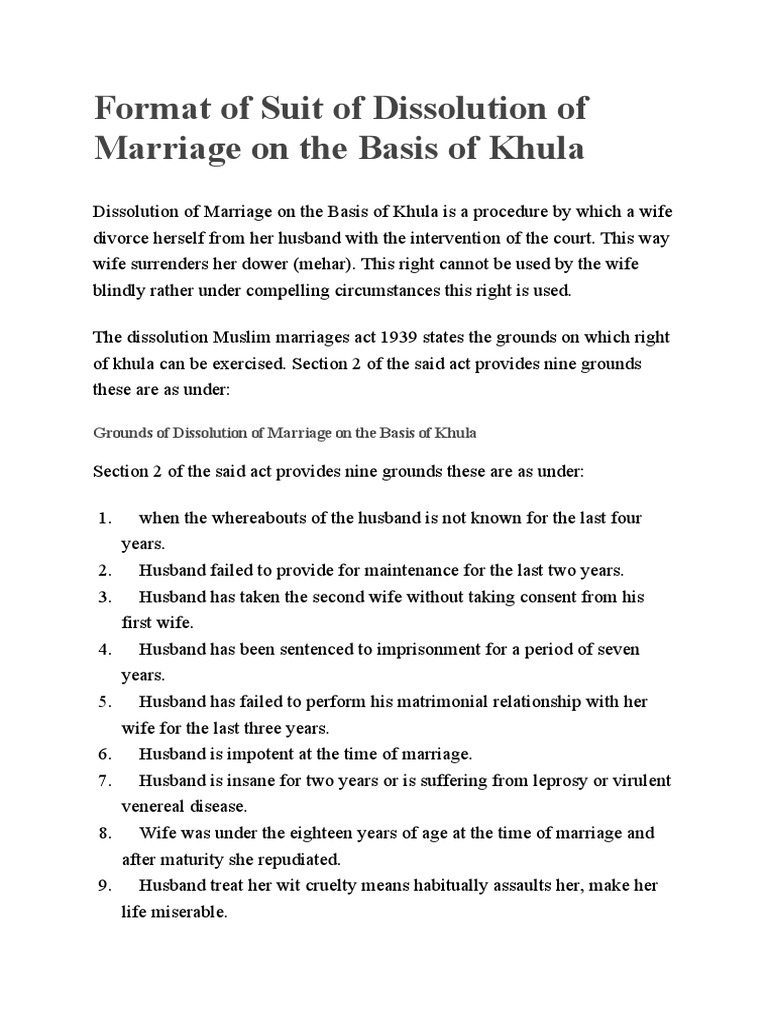 Format of Suit of Dissolution of Marriage On The Basis of Khula | PDF | Social Institutions ...
