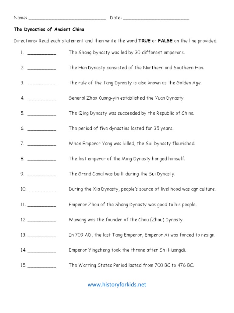 Ancient Chinese Dynasties Quiz | PDF | Emperor Of China | History Of China