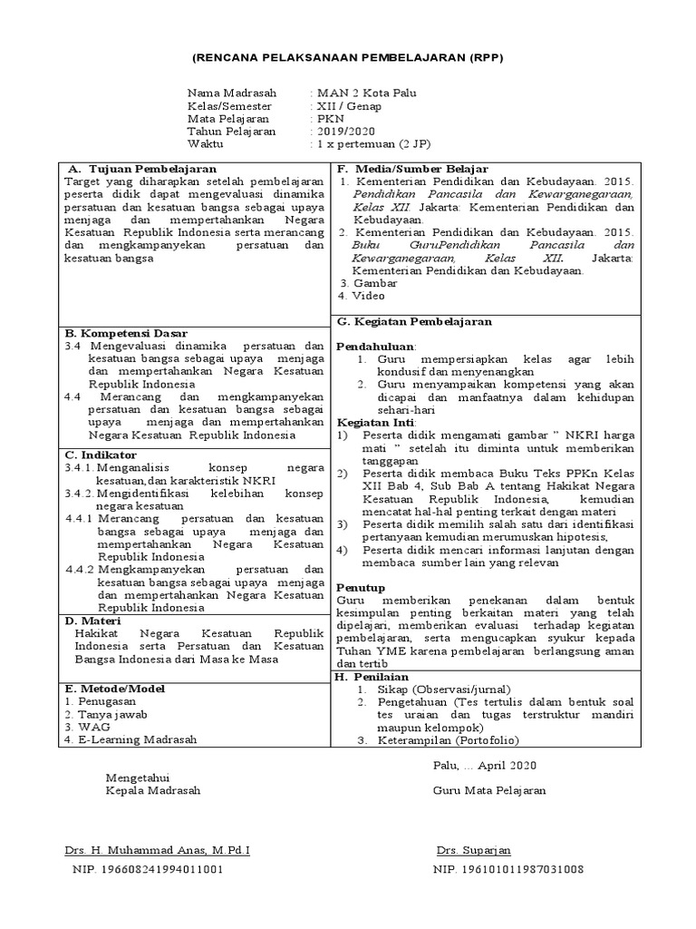 CONTOH RPP 1 LBR, Lengkap. - MAN 2 Kota Palu | PDF