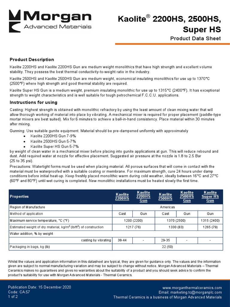 Kaolite 2200HS, 2500HS, Super HS: Product Description | PDF | Business