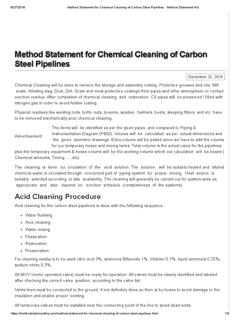 Method Statement For Chemical Cleaning of Carbon Steel Pipelines ...