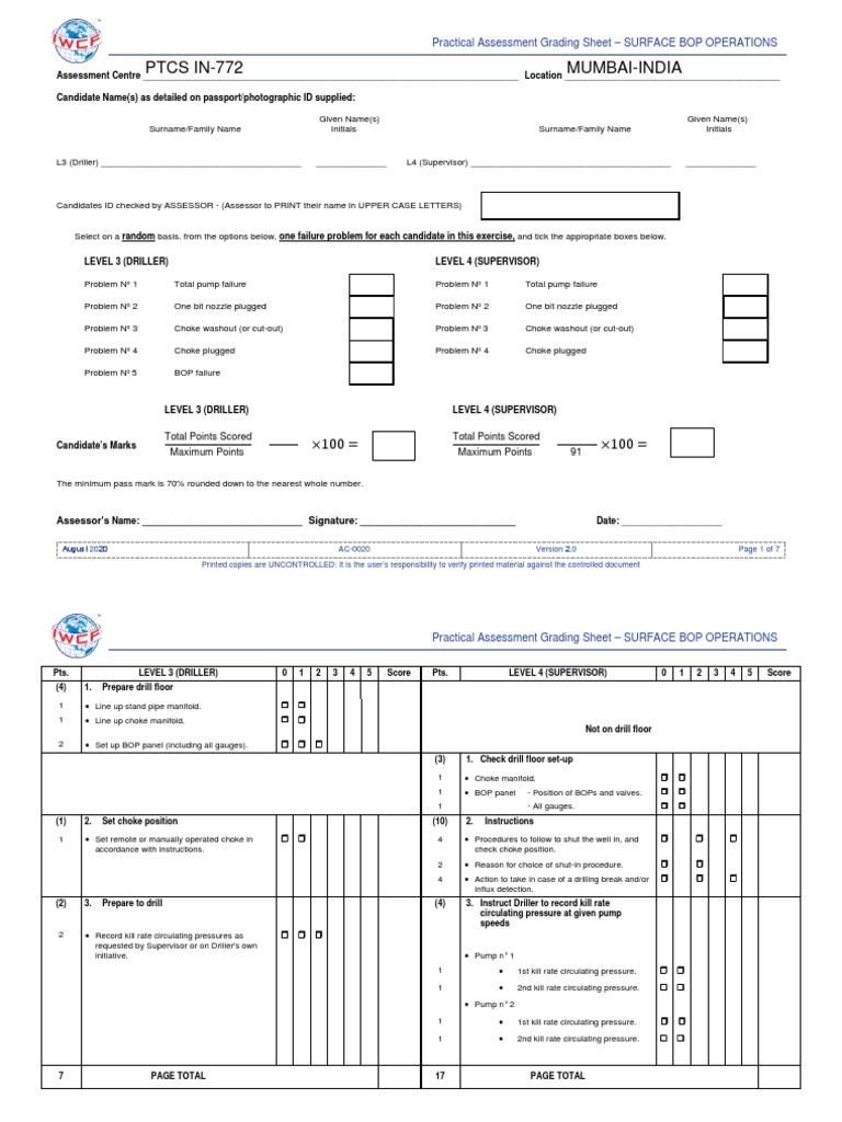 AC-0020 Practical Assessment Grading Sheet - Surface BOP Operations ...