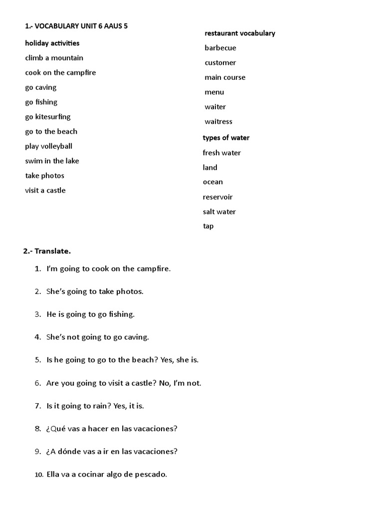 ALL ABOUT US 5 UNIT 6 Vocab and Translate Be Going To | PDF