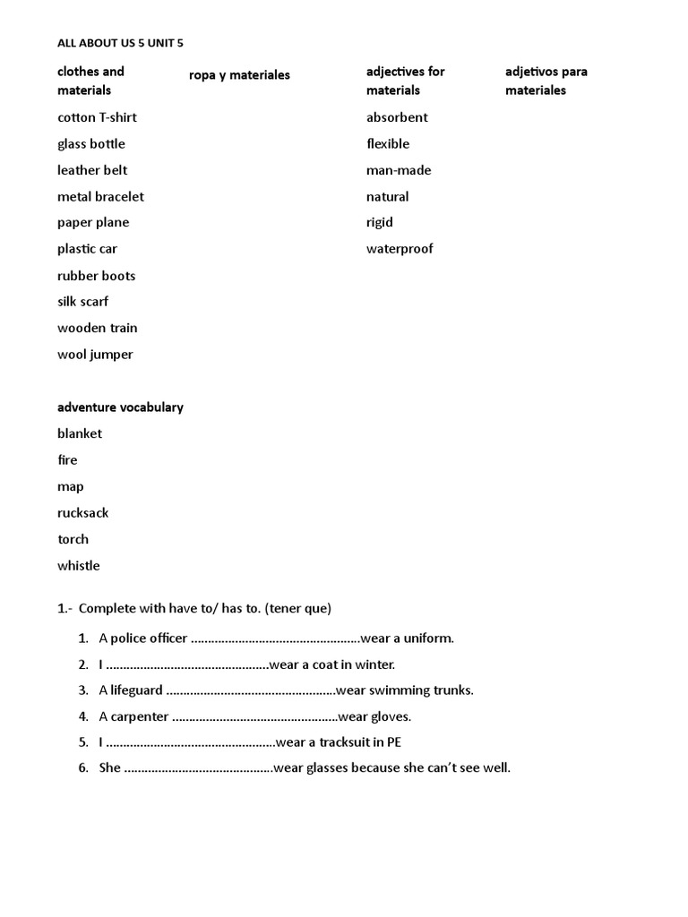 ALL ABOUT US 5 UNIT 5 Vocab and 1 Exercise | PDF