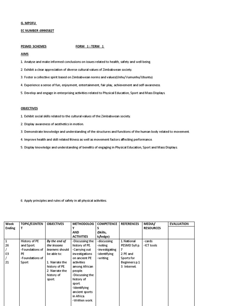 Form 1 Term 1 Schemes | PDF | Physical Fitness | Physical Education