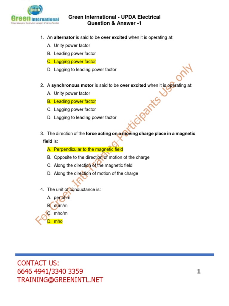 Contact Us: 6646 4941/3340 3359: Green International - UPDA Electrical Question & Answer - 1 ...