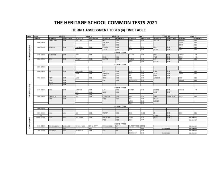 2021 Common Test Assessment (Term 1) Test Time Table | PDF