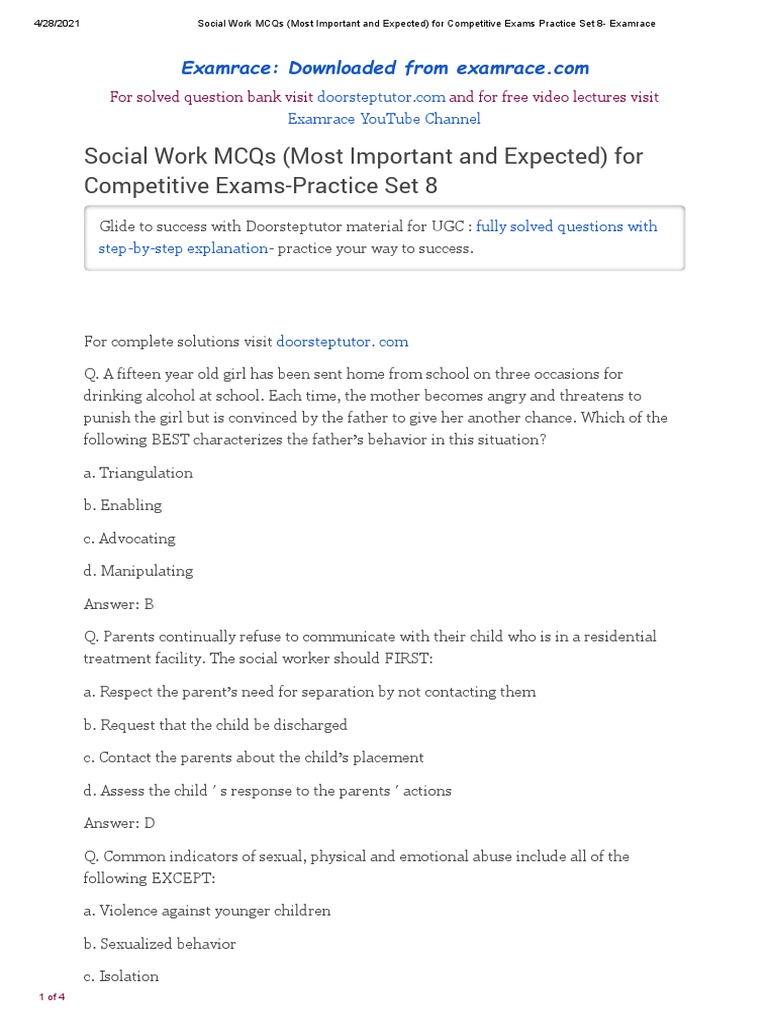 Social Work MCQs For Practice Set 8 | PDF | Psychosocial | Behavior