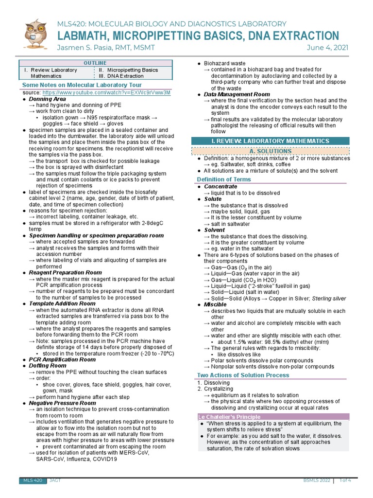 (B) MLS420LAB - M1 - Laboratory Mathematics, Micropipetting Basics, and ...