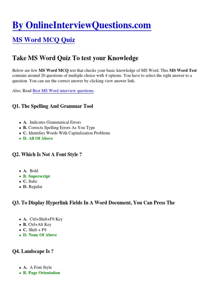 Ms Word MCQ | PDF | Microsoft Word | Multiple Choice