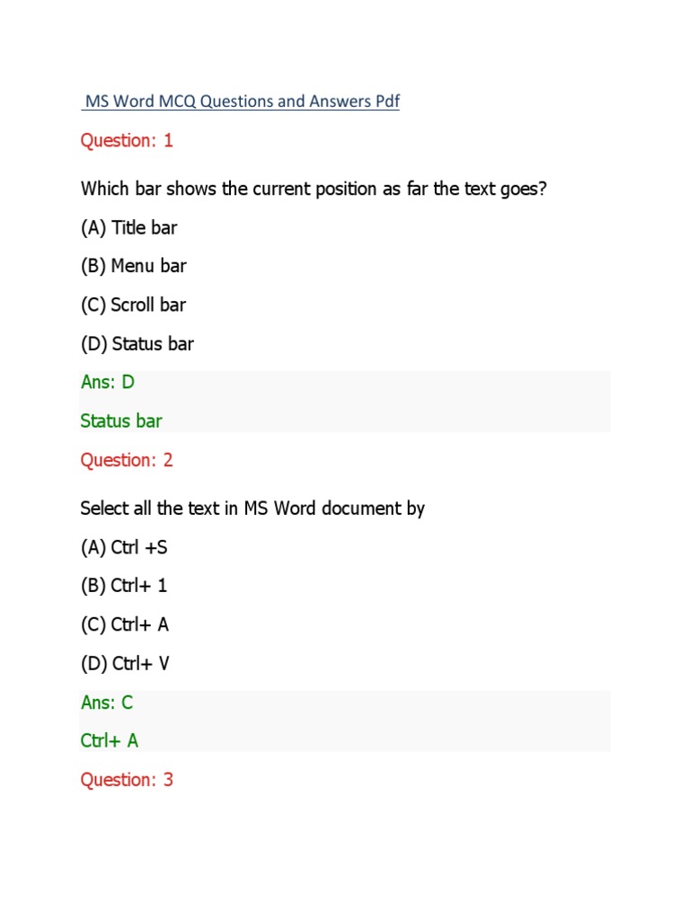 Ms Word MCQ Questions Answers | PDF | Teaching Methods & Materials ... Ms Word MCQ Questions Answers | PDF | Teaching Methods & Materials ...