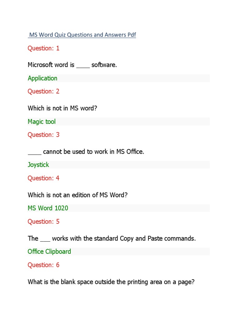 MS Word Quiz Questions and Answers PDF: Application | PDF
