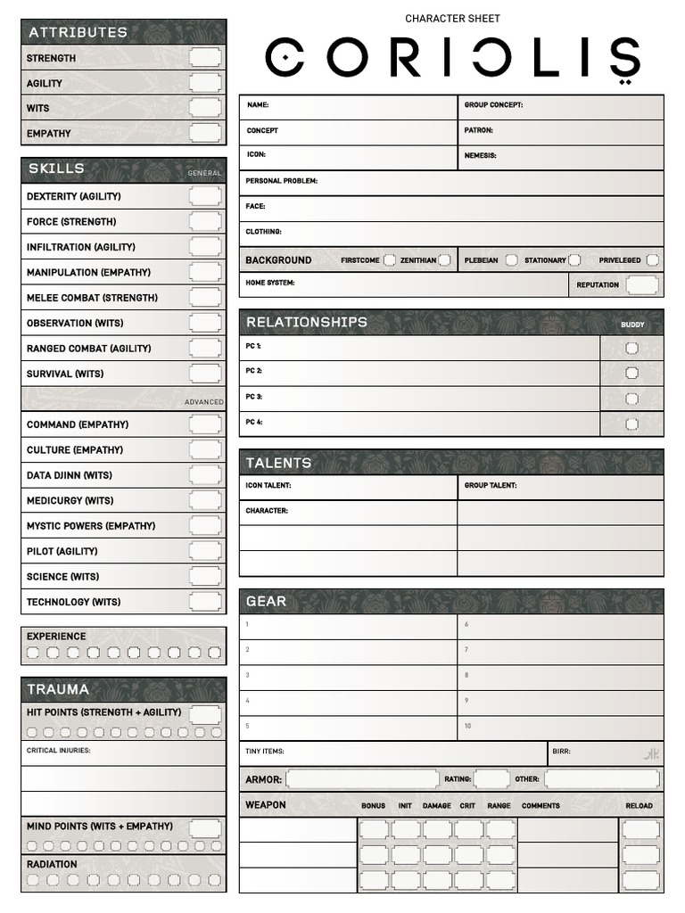 Coriolis - Character Sheet (Antroia) (v2) | PDF | Role Playing Games | Gaming