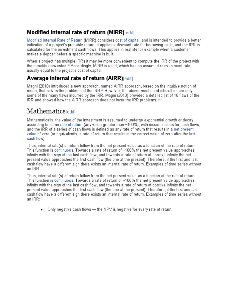 Mathematics: Modified Internal Rate of Return (MIRR) | PDF | Internal ...