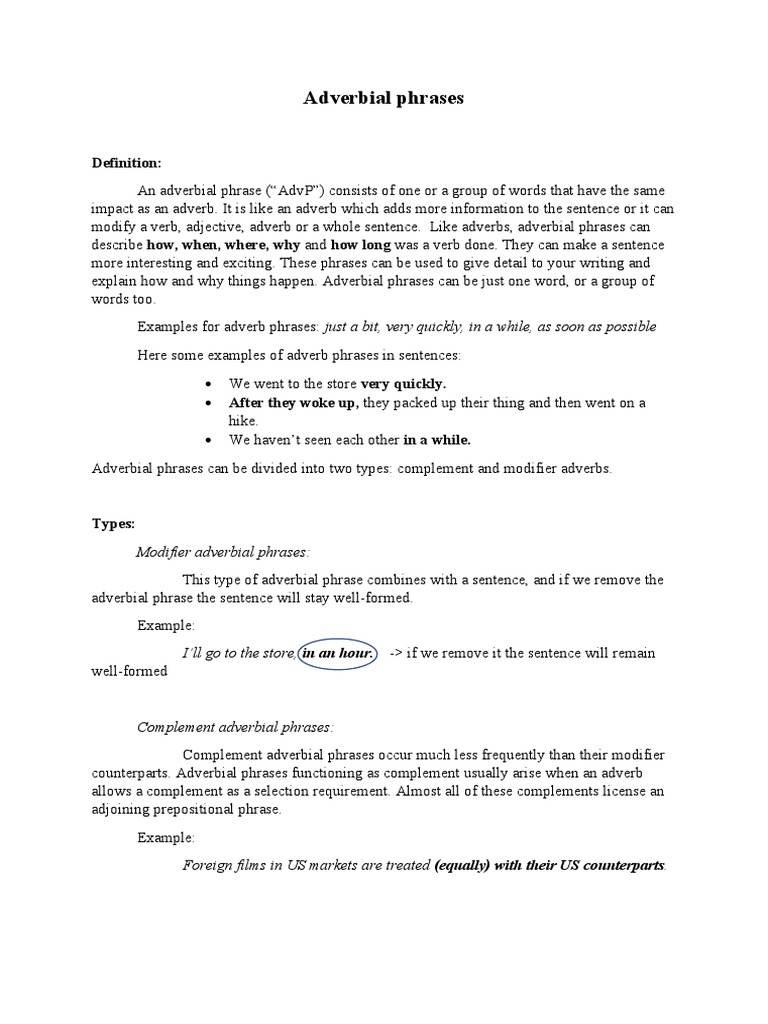 Adverbial Phrases: Definition | Download Free PDF | Adverb | Linguistics
