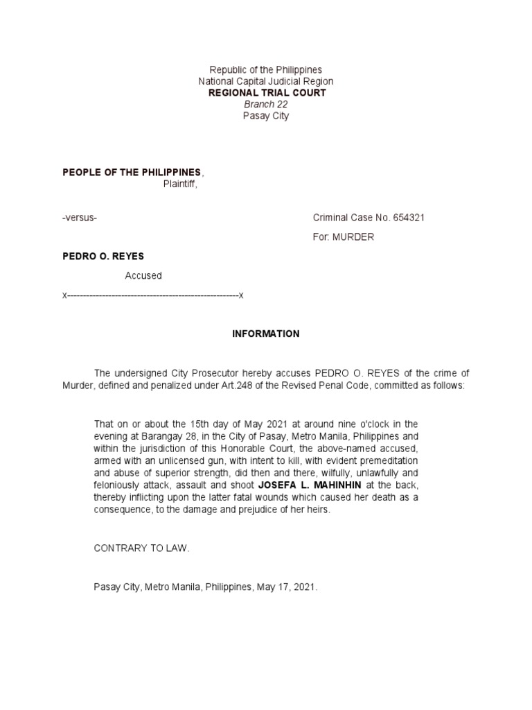 Murder Case Against Pedro O. Reyes | PDF | Murder | Affidavit