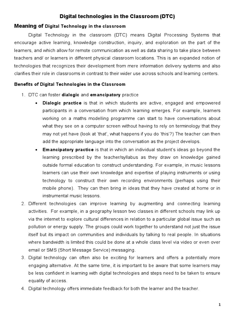Digital Technologies in The Classroom (DTC) Meaning of | PDF ...
