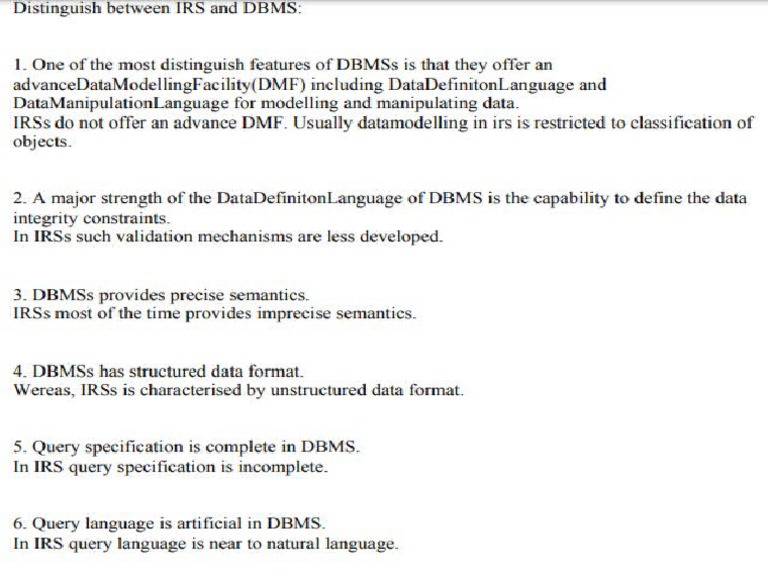 Explain The Differences Between Dbms And Irs Pdf 3497