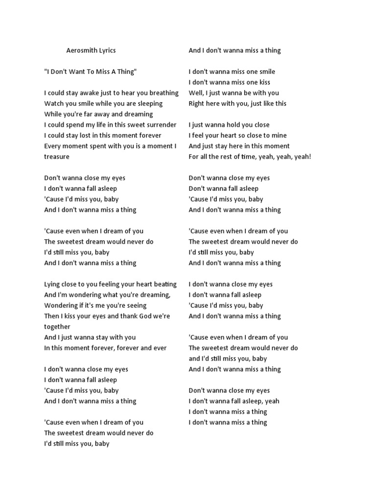 Aerosmith I Dont Wanna Miss A Thing Chord