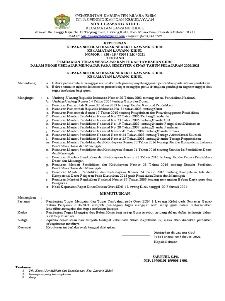 SK Pembagian Tugas Guru Ta 2020 2021 Semester Genap | PDF