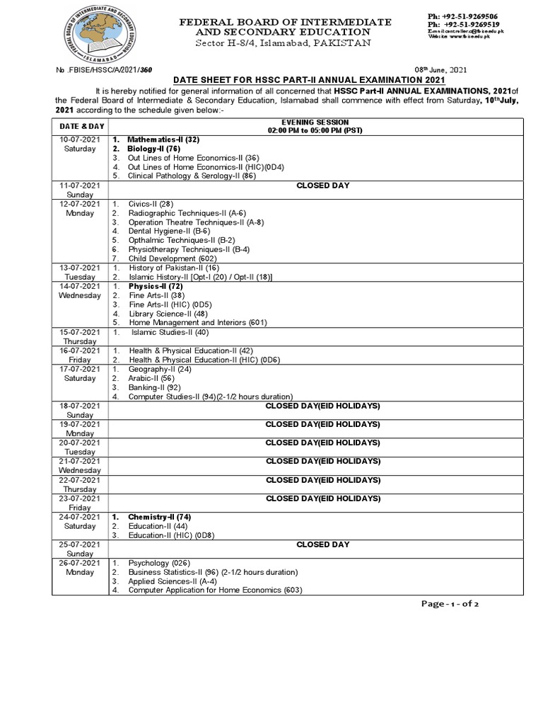 Date Sheet For HSSC Part-Ii Annual Examination 2021 | PDF | Wellness ...