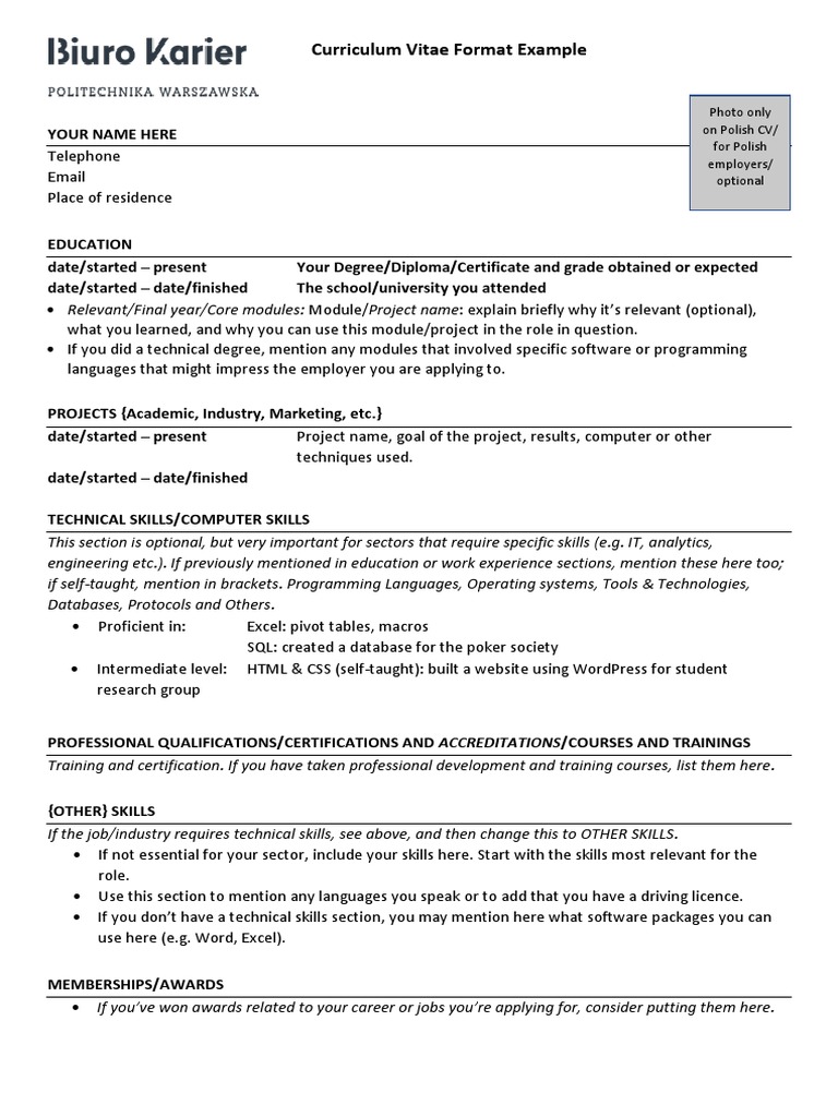 Curriculum Vitae Format Example: Photo Only On Polish CV/ For Polish ...