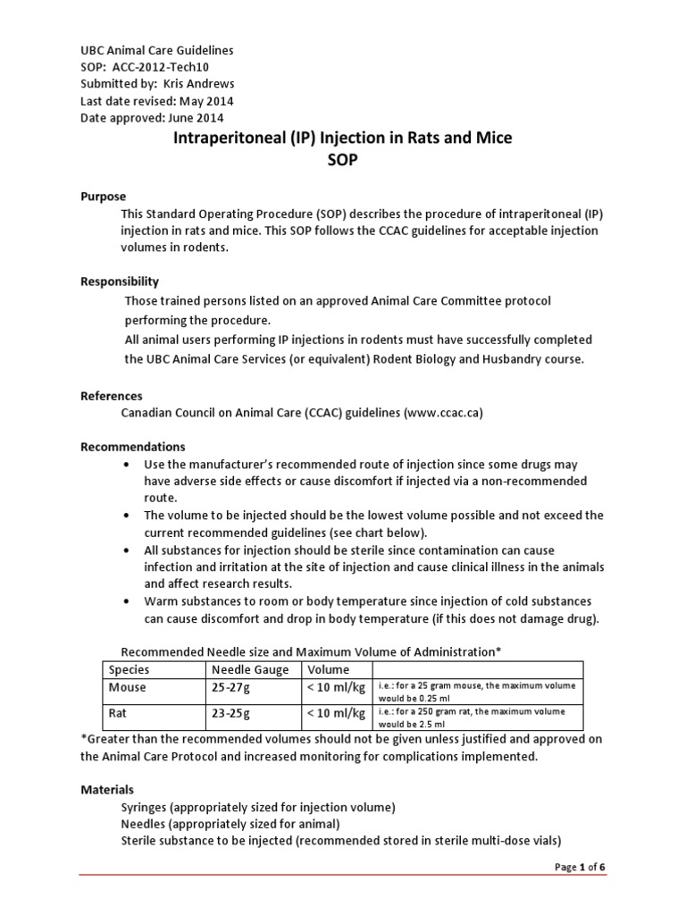 Tech 10 Ip Injections in The Mouse and Rat | PDF | Injection (Medicine ...
