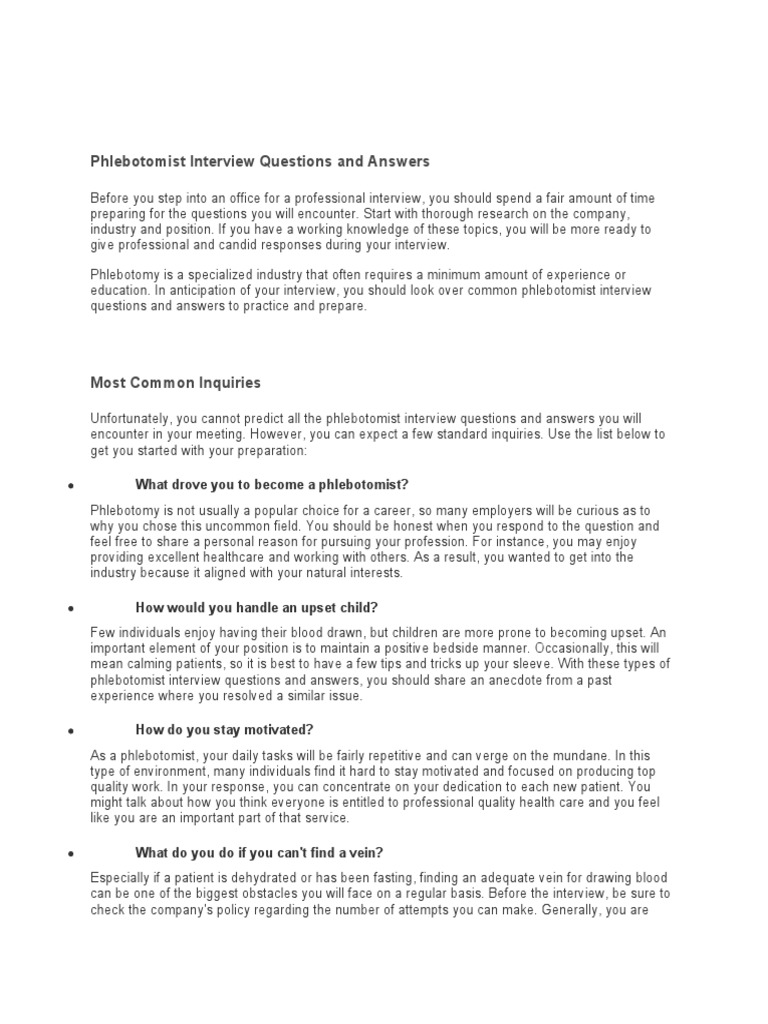 Phlebotomist Interview Questions and Answers | PDF | Interview | Human ...