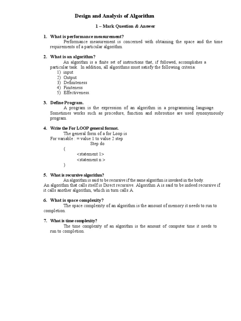 Daa 1mark Questions and Answers | PDF | Dynamic Programming | Mathematical Optimization