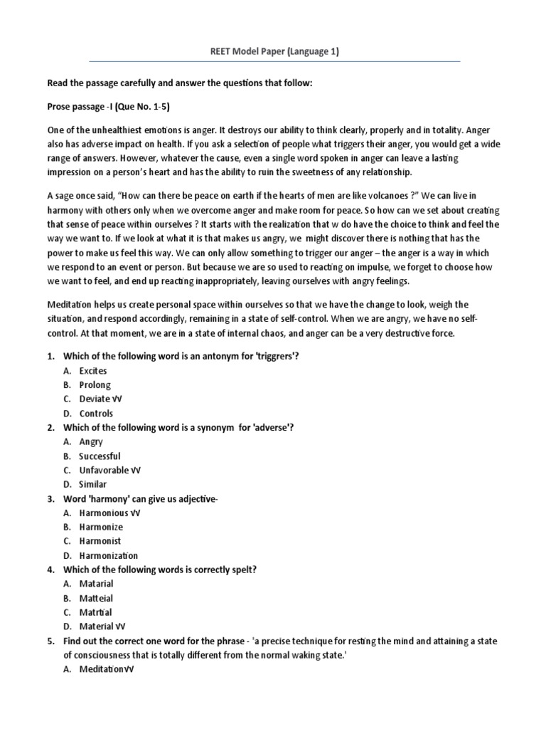 REET Model Paper L1-2 | PDF | Anger | Part Of Speech